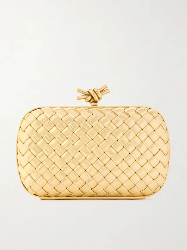 Bottega Veneta Knot Padded Intrecciato Metallic Leather Clutch - Gold