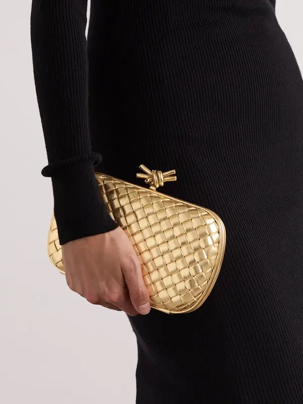 Bottega Veneta Knot Padded Intrecciato Metallic Leather Clutch - Gold