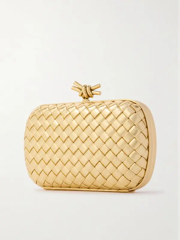Bottega Veneta Knot Padded Intrecciato Metallic Leather Clutch - Gold