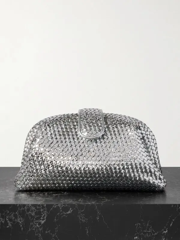 Bottega Veneta Small Intrecciato Metallic Leather Clutch - Silver