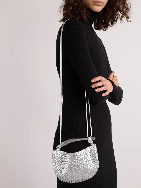 Bottega Veneta Baby Sardine Intrecciato Metallic Leather Shoulder Bag - Silver