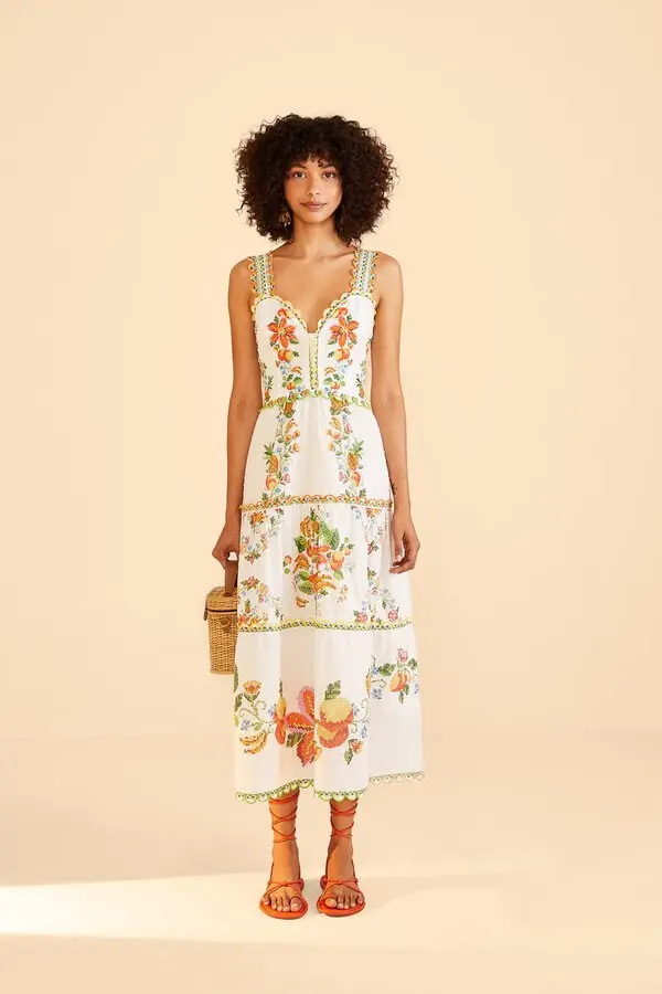 Farm Rio Off-White Mixed Tropical Romance Midi Dress - Multi | Editorialist