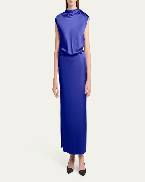 Giorgio Armani High-neck Double Silk Satin Gown - Blue
