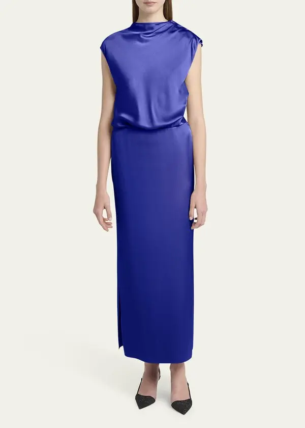 Giorgio Armani High-neck Double Silk Satin Gown - Blue