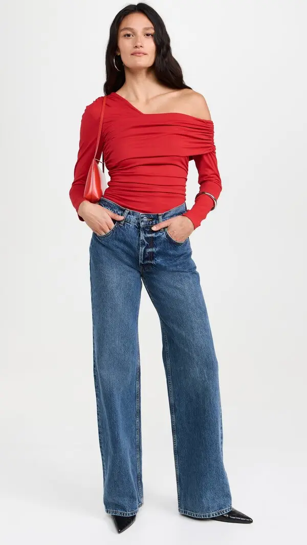 Susana Monaco One Shoulder Ruched Top - Perfect Red