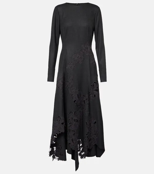 Oscar De La Renta Peony Asymmetric Midi Dress - Black