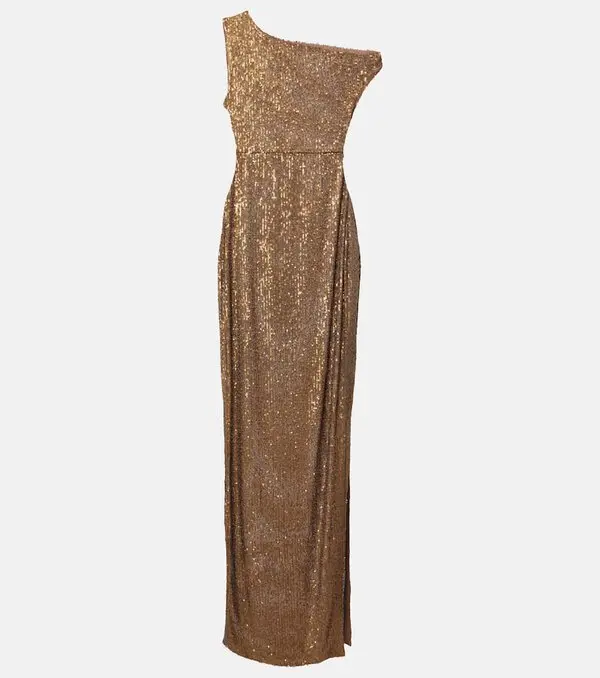 green emerald velvet dress Zapaka Women Golden One Shoulder Glitter Prom Dress Fringe Sequin Evening Dress with Slit, Golden / US26W main image 1