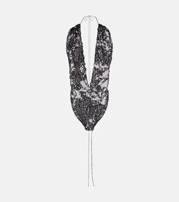Victoria Beckham Sequined Halterneck Tulle Bodysuit - Black