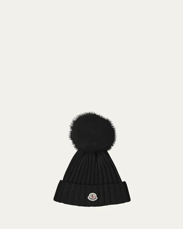 Moncler Ribbed Beanie With Faux Fur Pom - Black