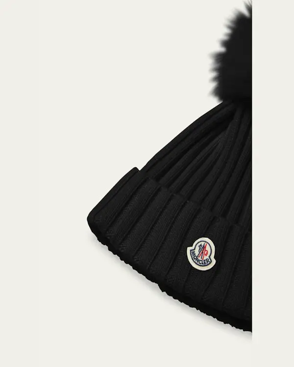 Moncler Ribbed Beanie With Faux Fur Pom - Black