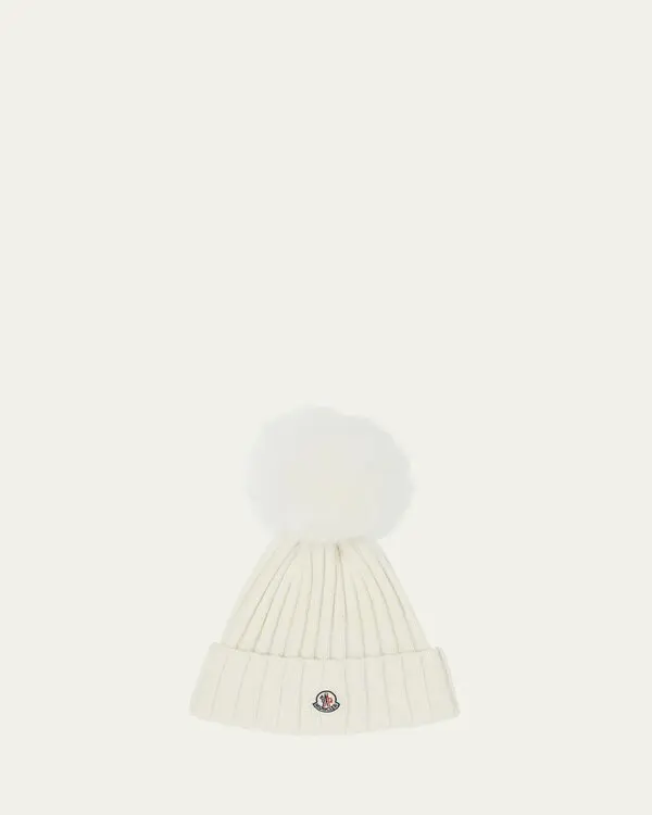 Moncler Ribbed Beanie With Faux Fur Pom - Natural