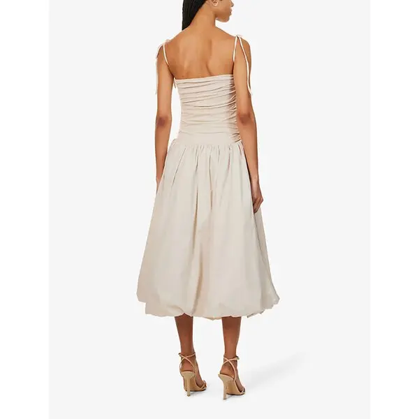 alexa milk puffball midi dress Amy Lynn Alexa tie shoulder satin puffball midi dress in milk