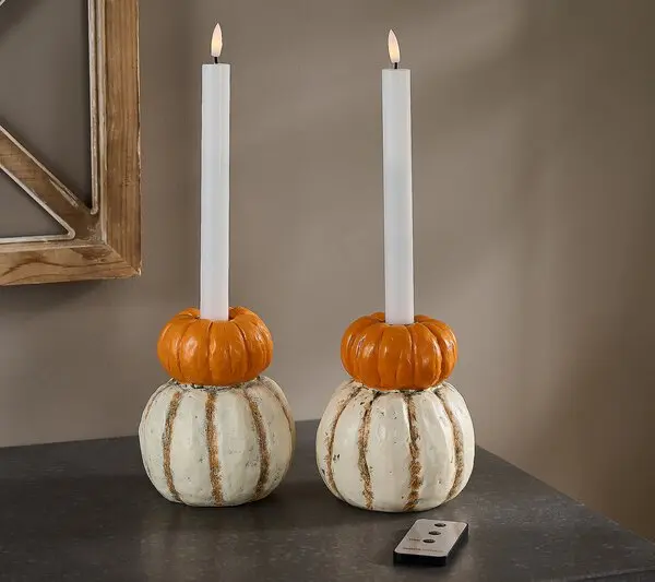 HAY & HARVEST As Is S/2 Pumpkin Candle Holder W/flameless - One-color