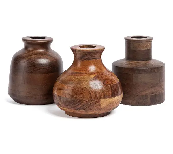 OVERANDBACK Over&back Set Of 3 Acacia Wood Vases For Faux /dried Florals - One-color