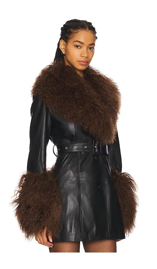 SUSANNA CHOW Mimi Leather Coat With Fur Trim - Black & Brown