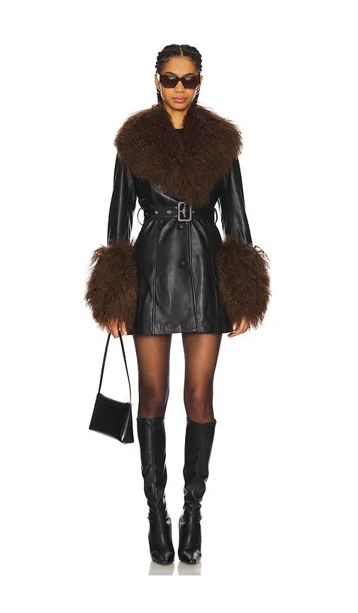 SUSANNA CHOW Mimi Leather Coat With Fur Trim - Black & Brown