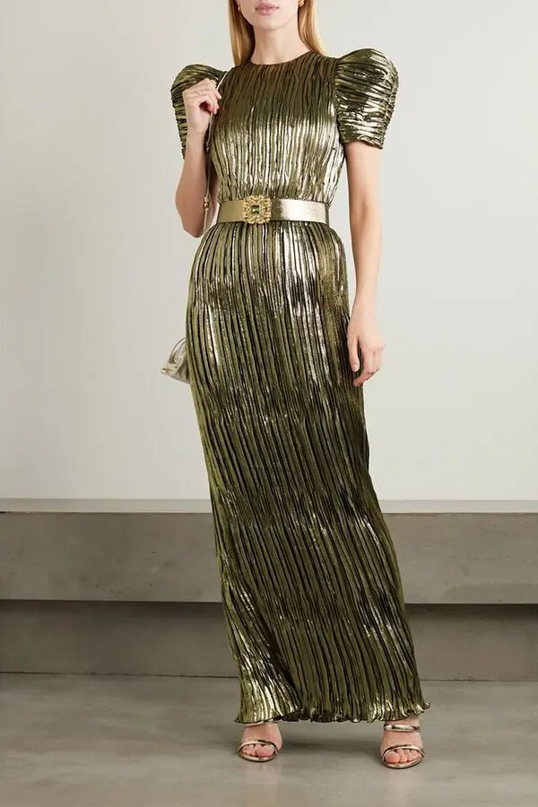 Andrew Gn Belted Metallic Pliss Lam Gown In Gold - 70% Off | Editorialist