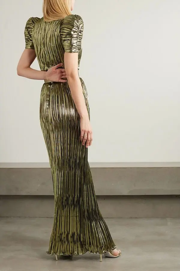 Andrew Gn Belted Metallic Pliss Lam Gown In Gold - 70% Off | Editorialist