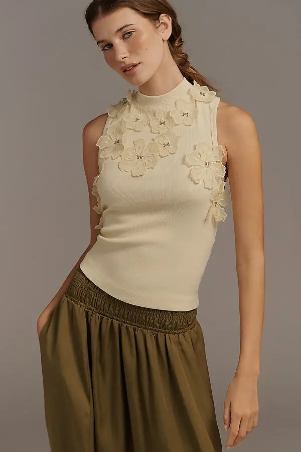 Anthropologie Floral Appliqué Top - Yellow