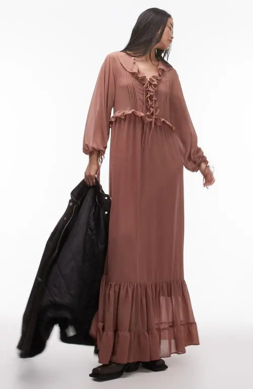 Topshop Ruffle Long Sleeve Chiffon Maxi Dress In Brown - 55% Off |  Editorialist