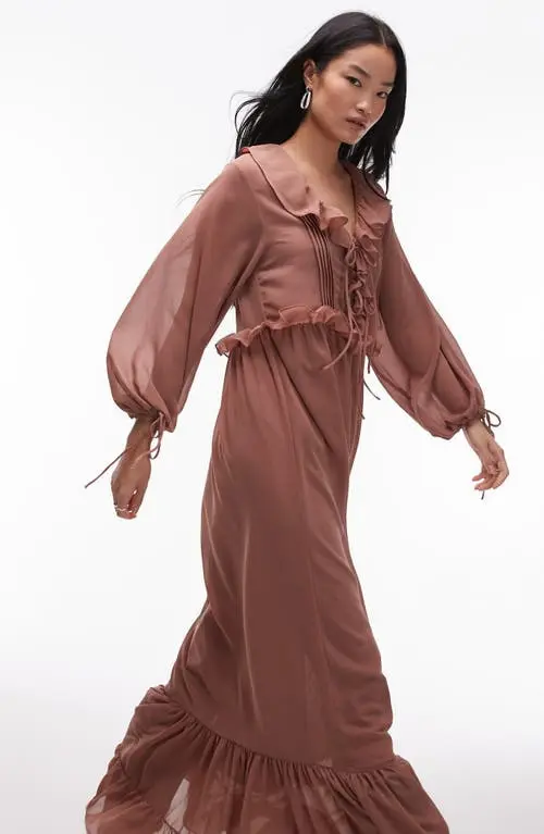Topshop Ruffle Long Sleeve Chiffon Maxi Dress In Brown - 55% Off |  Editorialist