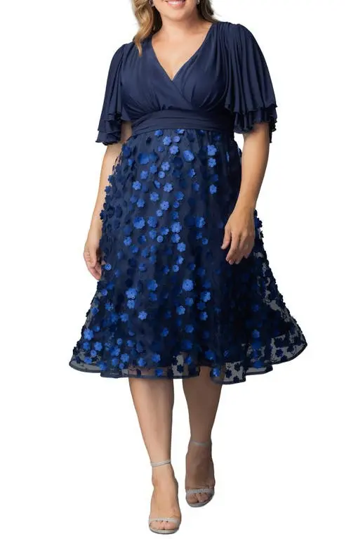 KIYONNA Pretty Petals Flutter Sleeve Cocktail Dress - Navy Blossoms