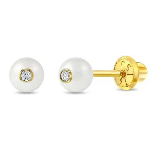 IN SEASON JEWELRY 14k Yellow Simulated Pearl And Cubic Zirconia Stud Earrings - Gold