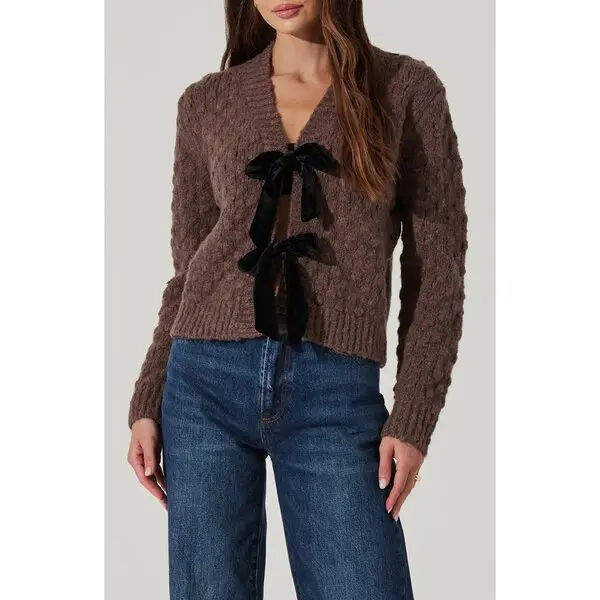 Astr The Label Velvet Bow Cardigan - Brown