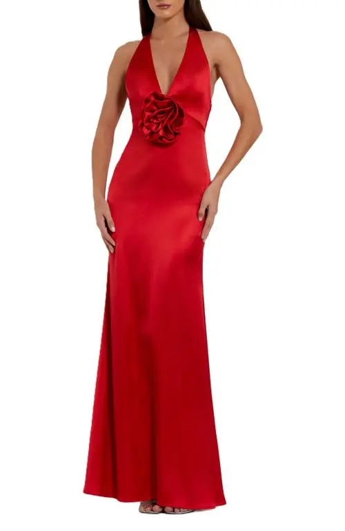 Mac Duggal Fitted Satin Halter Gown With 3d Flower - Red