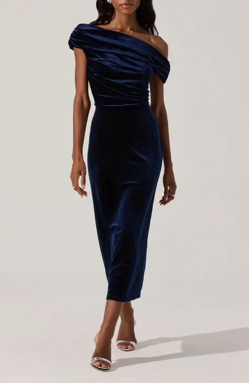 Astr The Label One-shoulder Velvet Midi Dress - Midnight