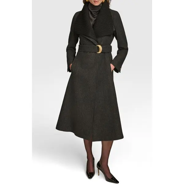 Donna Karan New York Rib Belted Wool-blend Wrap Coat With Bib