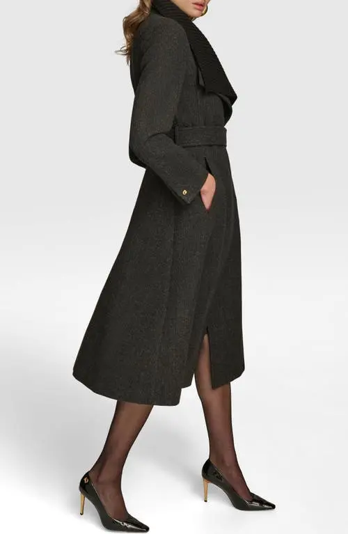 Donna Karan New York Rib Belted Wool-blend Wrap Coat With Bib