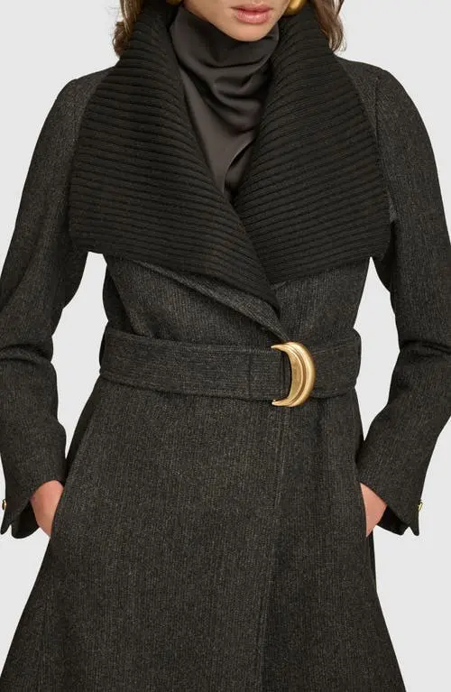 Donna Karan New York Rib Belted Wool-blend Wrap Coat With Bib