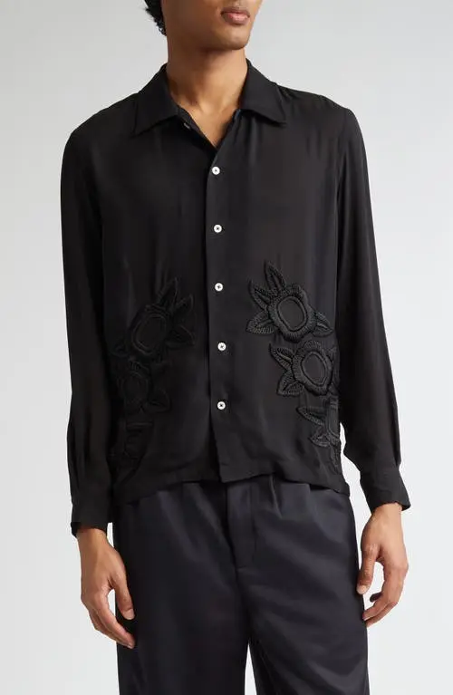 BODE Midnight Daffodil Long Sleeve Silk Button-up Shirt