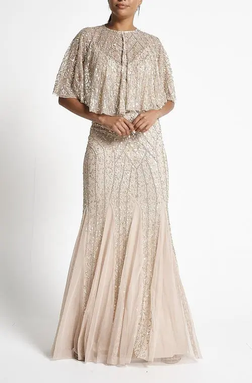 Frock And Frill Embellished Maxi Gown With Detachable Cape In Gold - 30%  Off | Editorialist