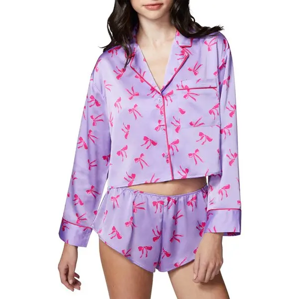 FLORENCE BY MILLS Satin Sleep Crop Pajama Top - Millie Lav Bows