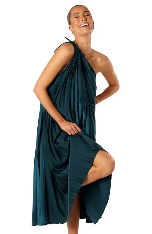 Petal & Pup Selena Pleated One-Shoulder Dress In Emerald - 25% Off |  Editorialist