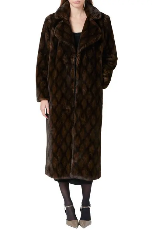 Endless Rose Diamond Pattern Faux Fur Longline Coat - Brown
