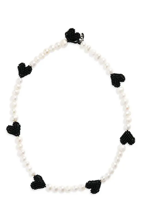 PURA UTZ Freshwater Pearl & Beaded Heart Necklace - Pearl /black