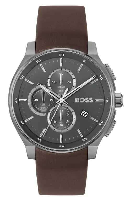 BOSS Chronograph Leather Strap Watch - Brown/gray