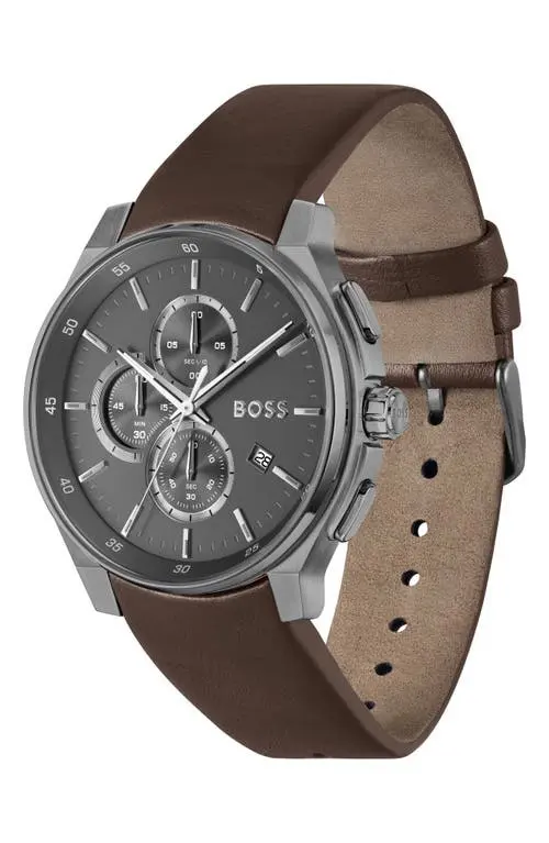 BOSS Chronograph Leather Strap Watch - Gray