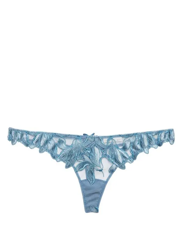 Fleur Du Mal Velvet Lily Embroidered Thong - Blue