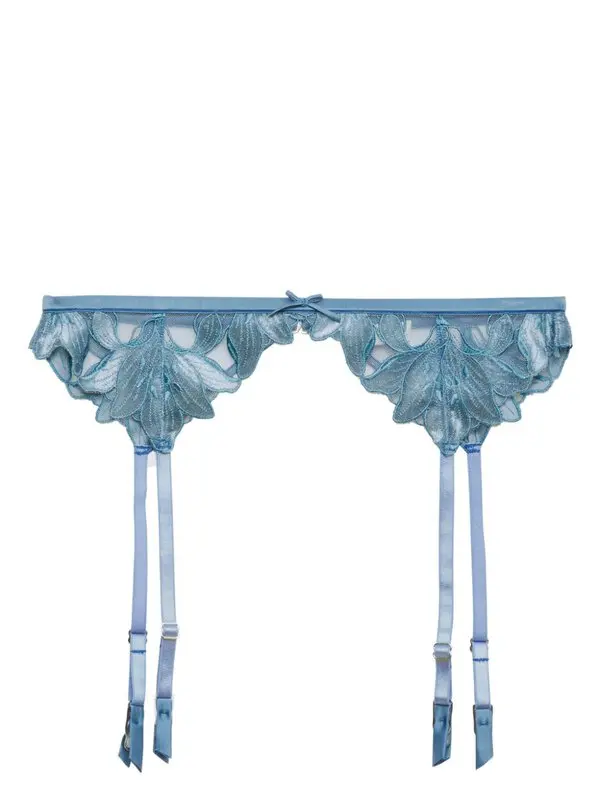 Fleur Du Mal Velvet Lily Embroidered Garter Belt - Blue