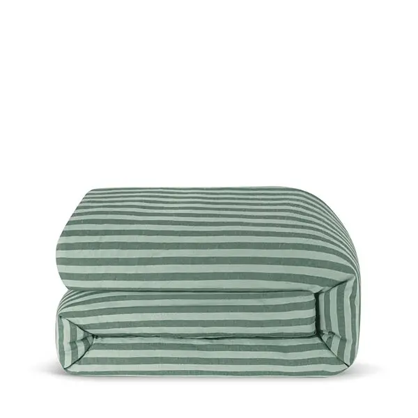PIGLET IN BED Pembroke Stripe Linen Blend Duvet Cover - Pine Green