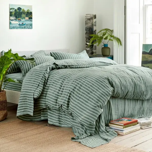 PIGLET IN BED Pembroke Stripe Linen Blend Duvet Cover - Pine Green