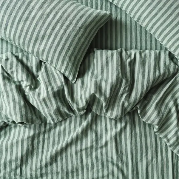 PIGLET IN BED Pembroke Stripe Linen Blend Duvet Cover - Pine Green