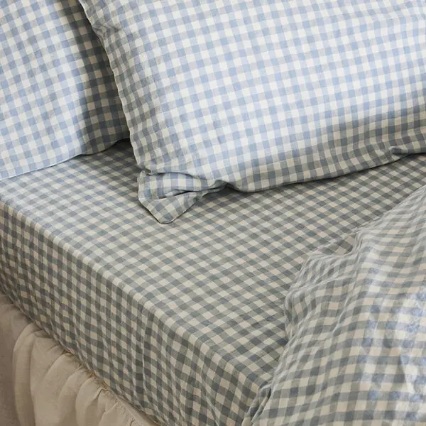PIGLET IN BED Gingham Linen Blend Fitted Sheet - Warm Blue Gingham