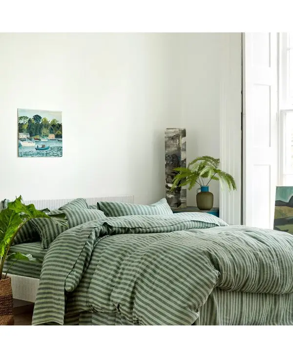 PIGLET IN BED Pembroke Stripe Linen Blend Fitted Sheet, King - Pine Green