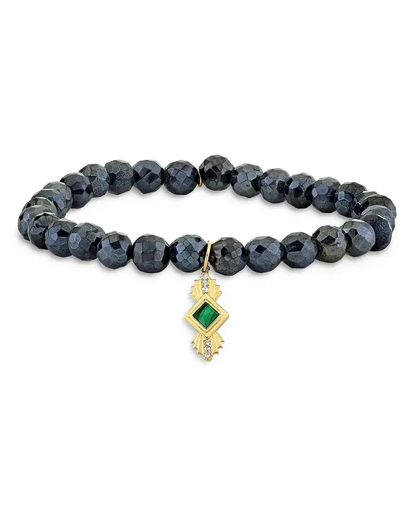 SYDNEY EVAN 14k Yellow Gold, Malachite & Diamond Art Deco Charm Stretch Bracelet - Black/gold