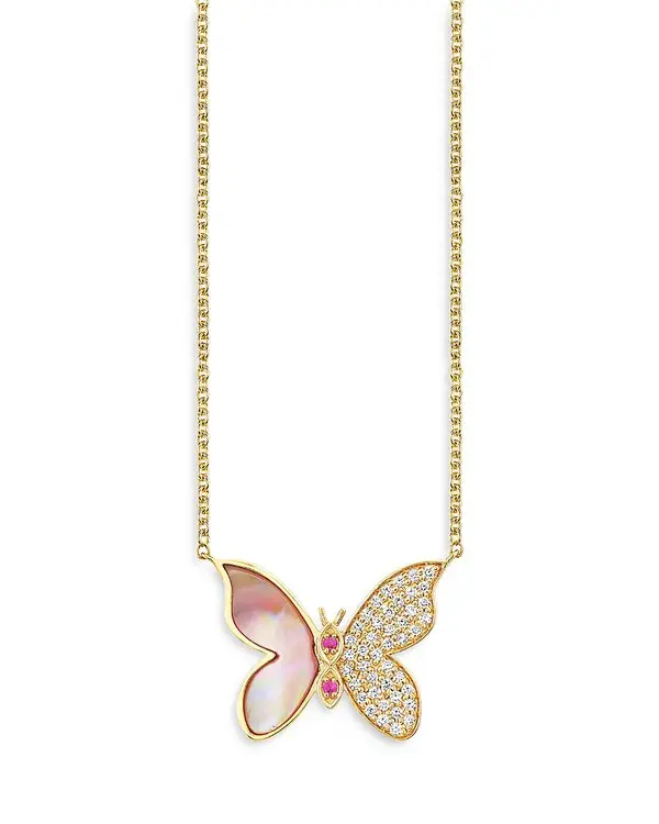 SYDNEY EVAN 14k Yellow Gold Glinda Diamond Pave Butterfly Pendant Necklace - Gold/pink
